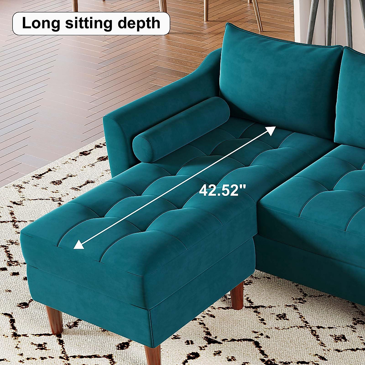 Belffin Reversible Sectional Sofa Couch Mid-Century Modern Velvet L Shaped Sofa 3-Seat Sofa Sectional with Reversible Chaise Foot Rest for Apartment and Small Space Peacock Blue