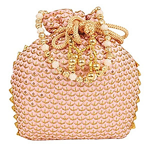 Indtresor beaded handcrafted brocade evening purse drawstring handbag vintage party wedding gift for women. Light Pink Gold