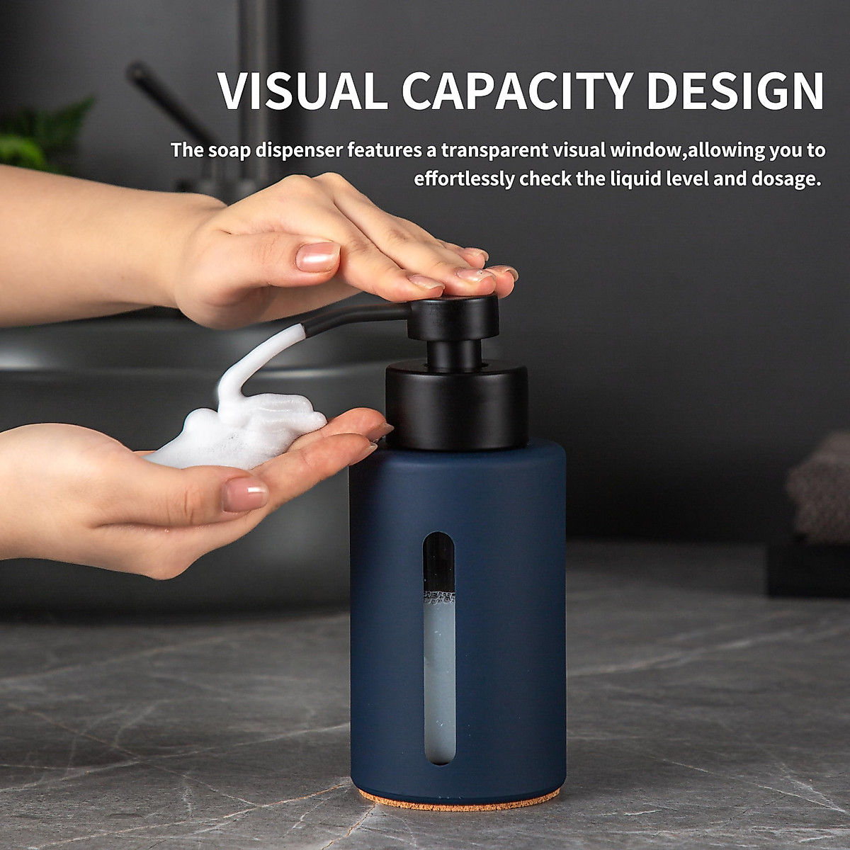 Enra Foaming Soap Dispenser with Window,12oz Blue Kitchen Soap Dispenser with Stainless Steel Hand Pump, Foam Modern Glass Refillable Bottle for Bathroom Kitchen (Blue Foam Dispenser)