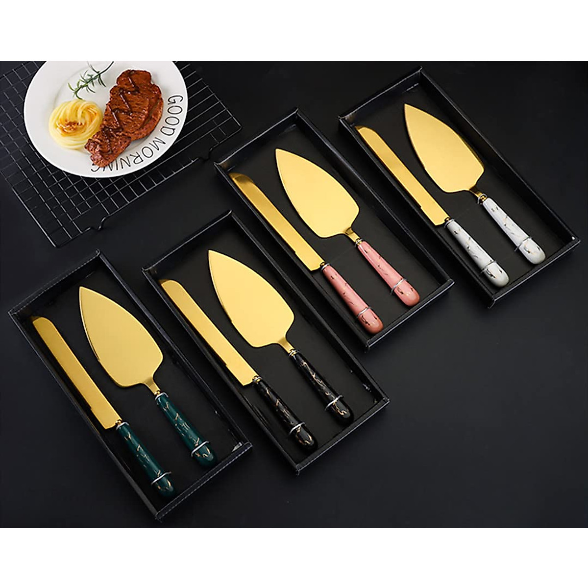 AXIAOLU Wedding Cake Knife and Server Set, Gold Cake Knife Set for Wedding, Stainless Steel Ceramic Handle Cake Pie Serving Set Gift for Anniversary Birthday Parties(Black)