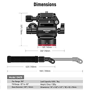 NEEWER Video Tripod Head Upgraded with Vertical/Horizontal Switch, Compact Metal Pan Tilt Fluid Head with Arca Type QR Plate & Telescopic Handle, 1/4” Screw for Camcorder/DSLR, Max Load 3kg, GM26