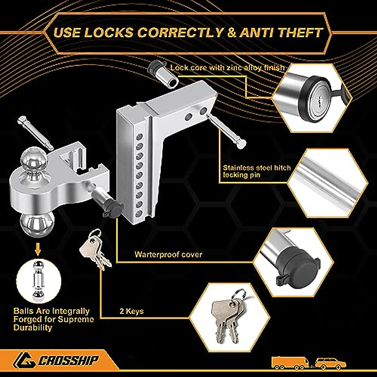 CROSSHIP Adjustable Trailer Hitch Ball Mount-Fit 2.5" Receiver, 8 Inch Drop/Rise Aluminum Drop Hitch with 2'' & 2-5/16'' Solid Dual Balls 18,500 LBS GTW-Tow Hitch for Heavy Duty Truck with Double Lock