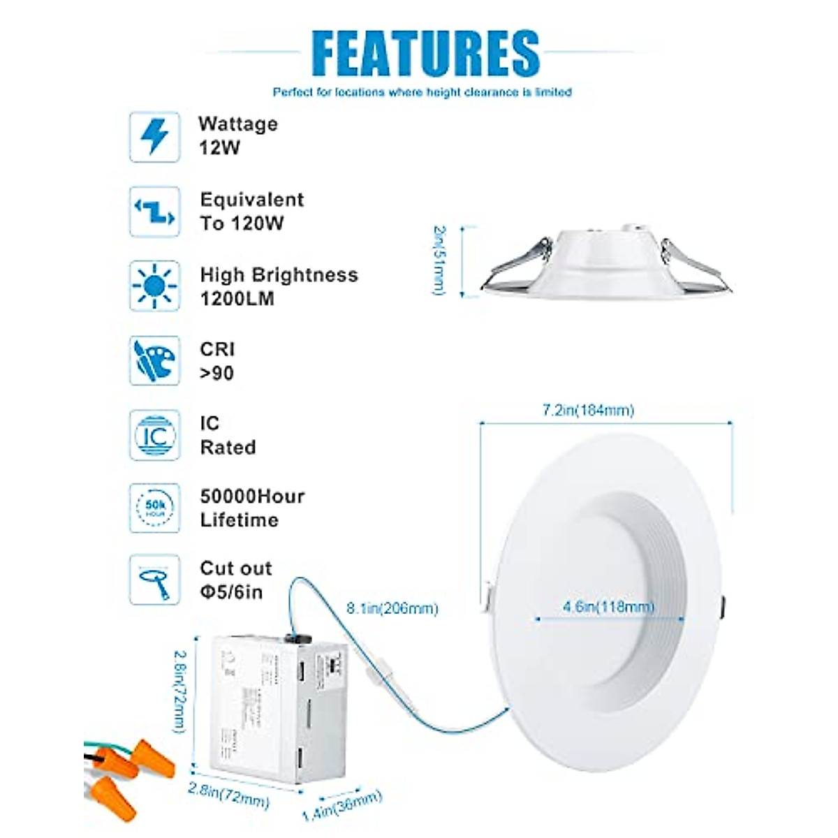 Lightdot 12 Pack 6 Inch LED Recessed with Night Light 1200LM 12W 120V Dimmable LED Downlight Lighting, 3000K/4000K/5000K Selectable Soft Sleep-Helpness LED Canless Lights - IC Rated