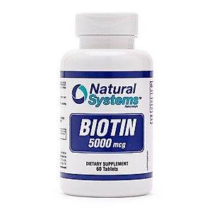 Biotin 60 Tablets 5000 mcg by Natural Systems | Biotin Hair Growth Support Pills | Hair Skin Nails Vitamins for Men and Women | Biotin Supplement Improves Cell Growth