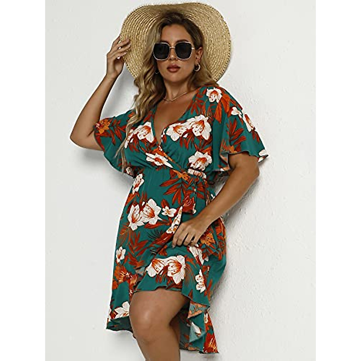 Floerns Women's Plus Size Striped Print Wrap V Neck Short Sleeve A Line Dress Green Multi 1XL