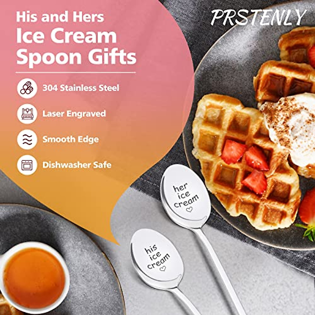 PRSTENLY Anniversary Wedding Gifts for Him Her, His and Hers Gifts Engraved Ice Cream Spoon, 2 Pcs Personalized Spoon Stainless Steel Birthday Engagement Couple Gifts