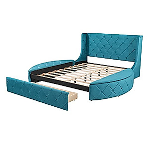UBGO Queen Upholstered Platform Size Wingback Headboard and 1 Big Drawer,2 Side Stool,Velvet Storage Bed Frame,No Box Spring Needed/Easy Assembly, Blue e