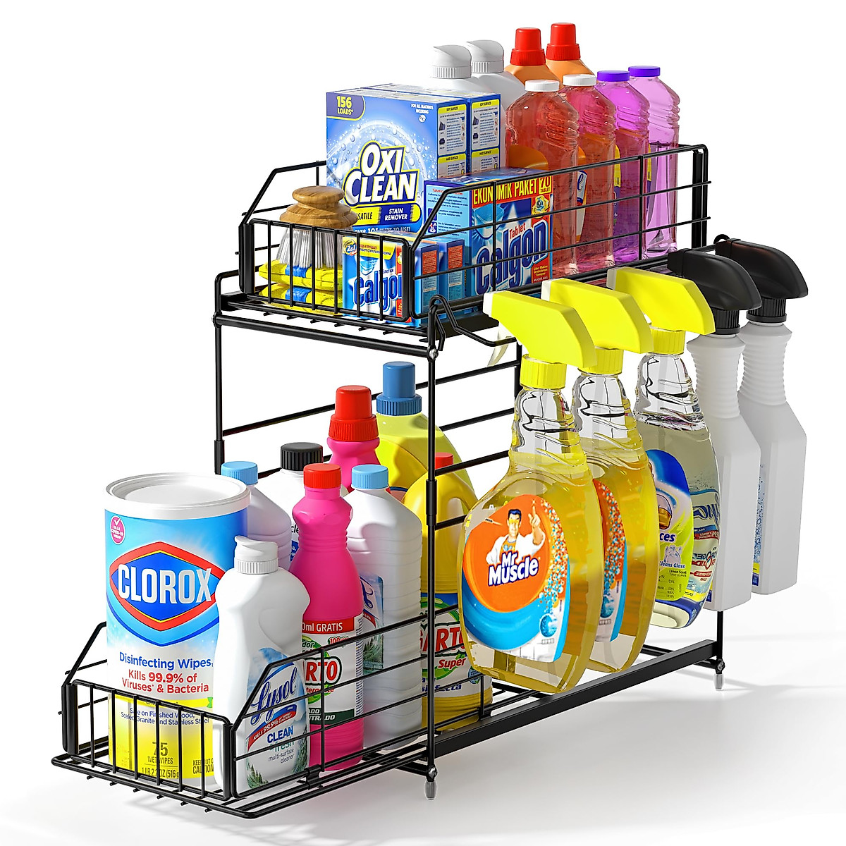 SUEH DESIGN Under Sink Organizers and Storage, 2 Tier Pull Out Cabinet Organizer Sliding Under Sink Storage Shelf with Hanging Rail for Kitchen Bathroom Cabinet Storage, 1 Pack