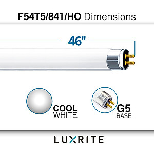 LUXRITE F54T5/841/HO 54W 46 Inch T5 Fluorescent Tube Light Bulb, 4100K Cool White, 4200 Lumens, G5 Mini Bi-Pin Base, LR20770, 6-Pack