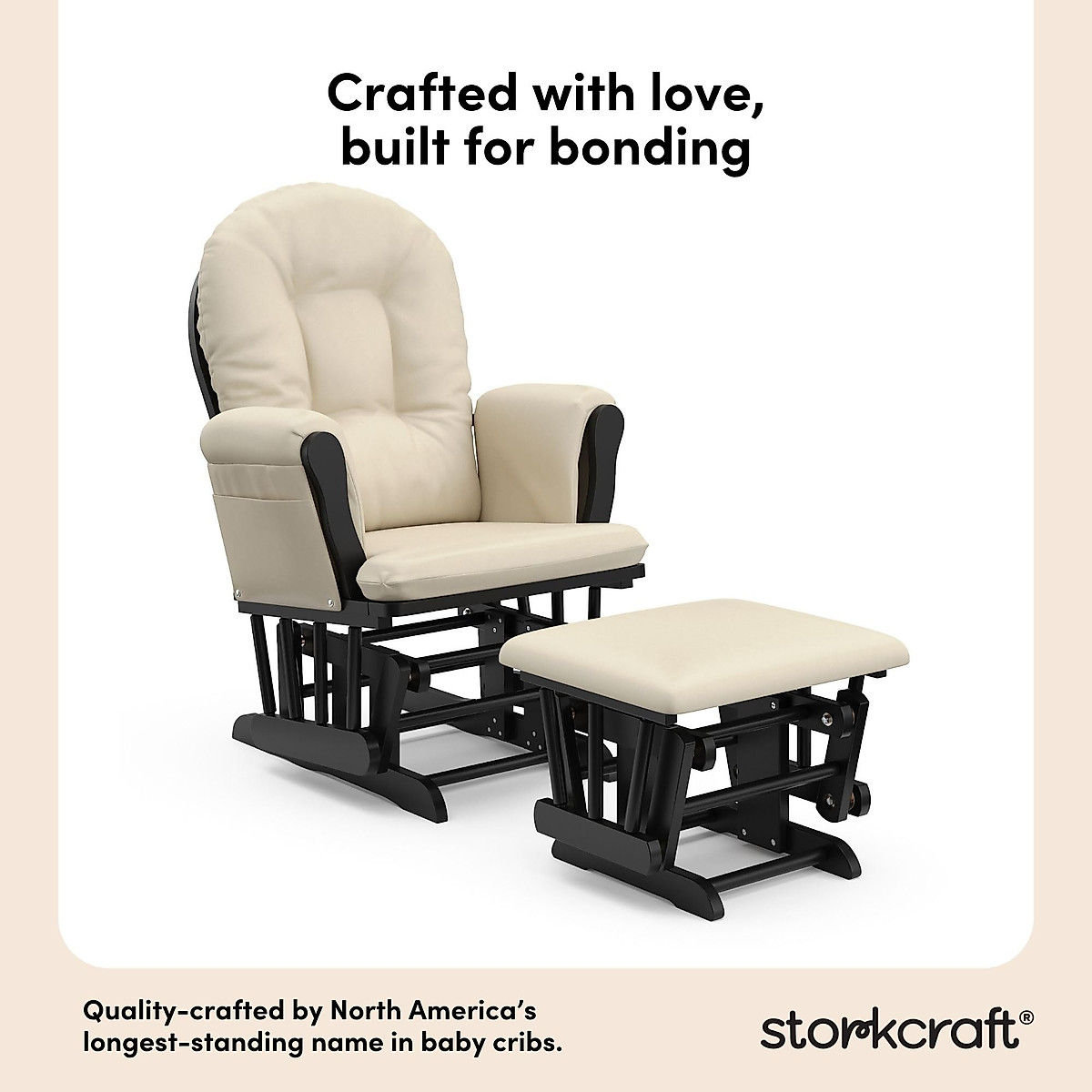 Storkcraft Premium Hoop Glider and Ottoman (Cherry Base, Beige Cushion) – Padded Cushions with Storage Pocket, Smooth Rocking Motion, Easy to Assemble, Solid Hardwood Base