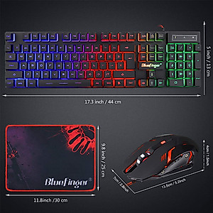 BlueFinger RGB Gaming Keyboard and Backlit Mouse Combo, USB Wired, LED Gaming set for Laptop PC Computer Game and Work