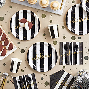 Juvale 144 Piece Black and White Party Supplies - Serves 24 Striped Celebrate Plates, Napkins, Cups and Cutlery Set for Birthday, Graduation