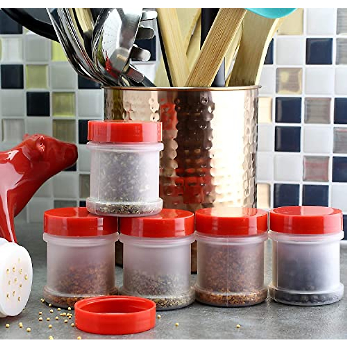 Cornucopia Brands Mini Plastic Spice Jars w/Sifters (12-Pack, Red); 2 Tablespoon Capacity (1 Fluid Ounce) Spice Bottles Great for Travel, Glitter, Gifts, Favors, Etc.