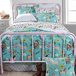 Rod's True Western Horse Girls (Quilt) - Pony Daisy Flower Quilt- Turquoise Pink Yellow Brown Tan Green White - Twin Quilt - Quilt Size (66x86in) - Cotton