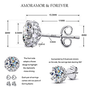 AMORAMOR & FOREVER 18K White Gold Plated Brilliant Cut Cubic Zirconia Stud Earrings For Women Men 8 Prong 8 Swarovski Zirconia Sterling Silver Post Hypoallergenic CZ Stud Earrings (CLEAR)