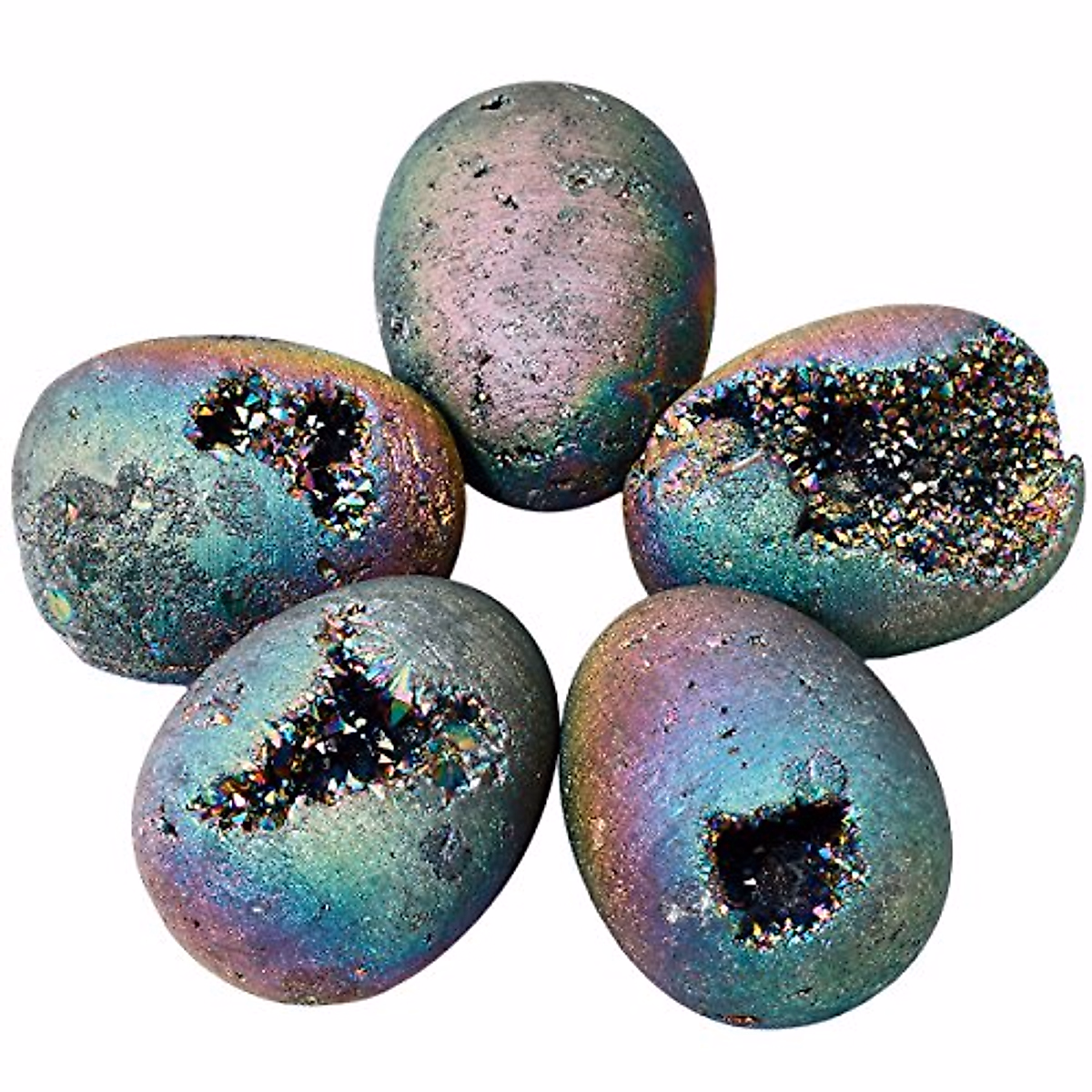 mookaitedecor Druzy Agate Geode Specimen, Rainbow Titanium Coated Quartz Crystal Egg Figurines with Wood Stand