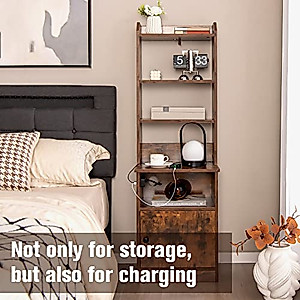 LOKO Nightstand with Charging Station, 55" Tall Bedside Table with Adjustable Shelves, Multifunctional End Table Bookcase with Open Storage Shelves, Modern Night Stand with Charger (Rustic Brown)