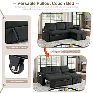 Antetek Reversible Sleeper Sectional Sofa with Pull-Out Bed, Comfy Tufted L-Shaped Sectional Sofa Couch Bed with Storage Chaise Side Pocket, Furniture Set for Living Room, Small Space, Black