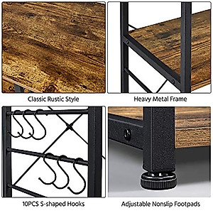 Yaheetech 4-Tier Kitchen Baker's Rack, Coffee Bar Microwave Stand Cart with Wire Basket & 6 Side Hooks, Kitchen Organizer Shelf for Spices/Utensils Foods, Rustic Brown