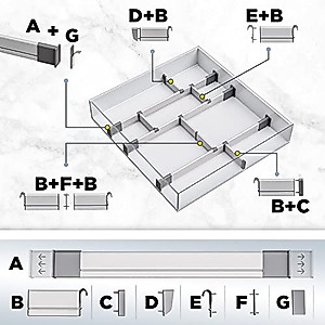 Practical Comfort Drawer Dividers, 18 pcs adjustable drawer dividers set, Made from high strength aluminum, 6 Main expandable drawer divider expand From 19.7" to 22" + 12 Sliding Separators 3.8"