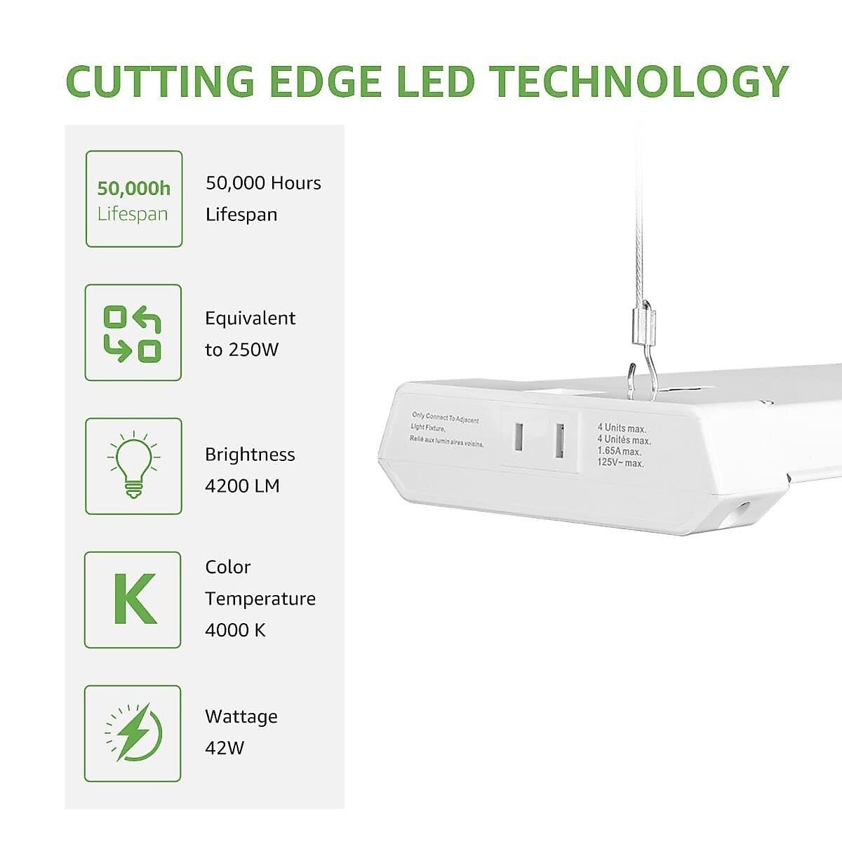 Lepro 4ft Linkable LED Shop Lights, 42W 4200lm Garage Ceiling Light Fixture, 5000K Daylight White, 250W Equivalent Surface Flush Mount or Hanging Workshop Bench Light with Plug and Pull Chain, 6 Packs