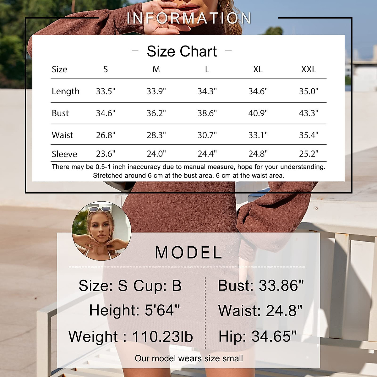 EXLURA Womens Mock Neck Puff Long Sleeve Bodycon Pullover Cute Mini Sweater Dress Caramel