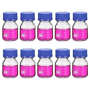 PATIKIL 10 Pack Reagent Media Storage Bottles, 100ml Borosilicate Glass Graduated Round Bottles with GL32 Blue Screw Cap for Lab Water Reagent Liquids, Clear