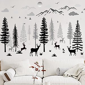 8 Pieces Winter Forest Wall Stickers Nursery Snowflake Wall Decals Dreamy Forest Wall Stickers Deer Pine Tree Wall Decals Woodland Trees Wall Decals for Kids Room Winter Decor(Black, White, Gray)