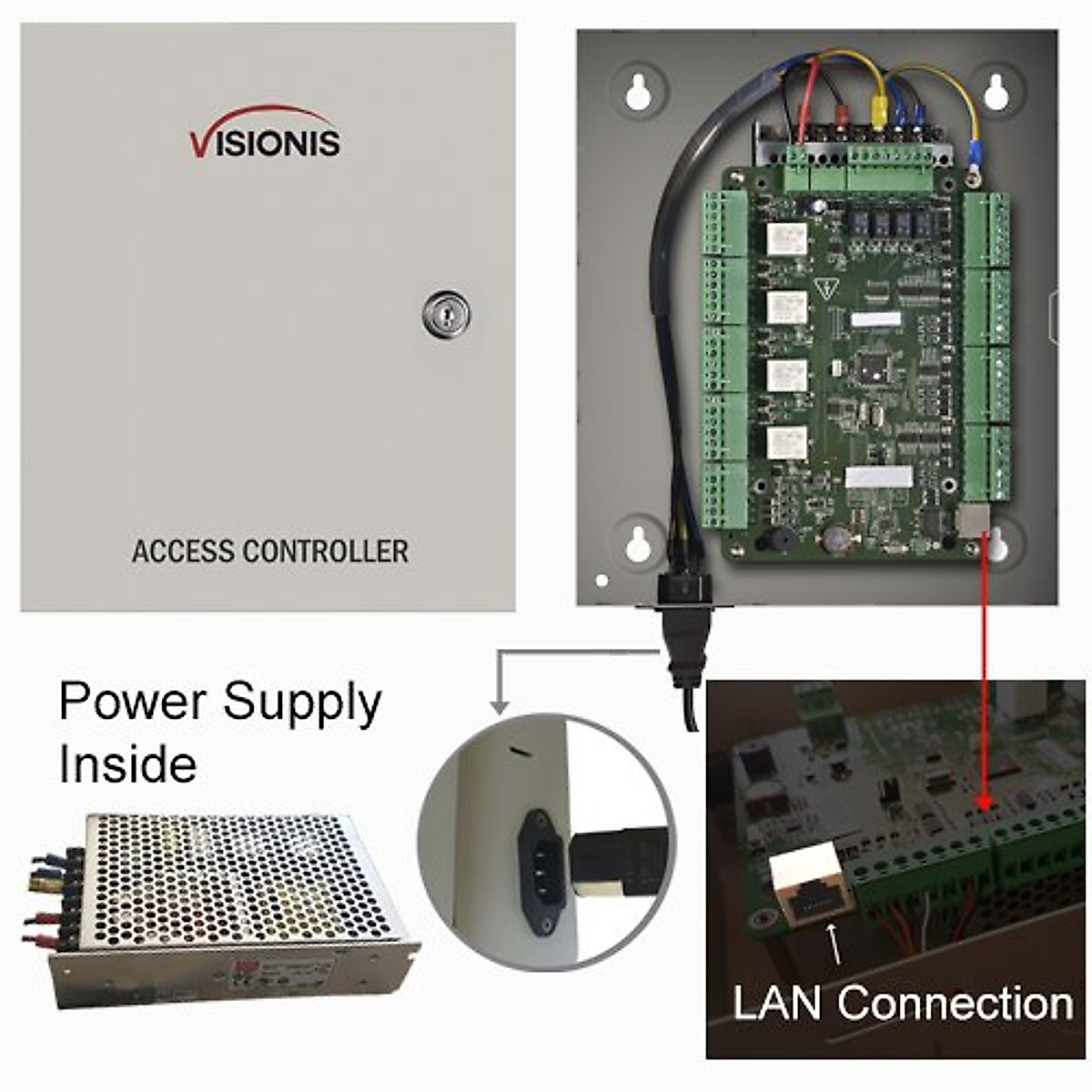 Visionis FPC-7298 Four Door Access Control System for 4 Doors Inswing Door 600lbs MagLock Time Attendance TCP/IP Wiegand Controller, Black RFID Card Reader and Keypad, 10,000 Users Software Kit