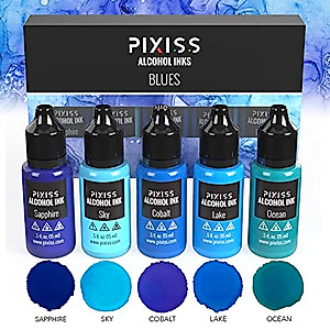 Pixiss Blue Alcohol Inks Set, 5 Shades of Highly Saturated Blue Alcohol Ink, for Resin Petri Dishes, Alcohol Ink Paper, Tumblers, Coasters, Resin Dye