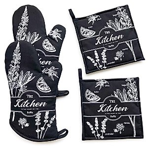 Black Oven Mitts Pot Holders 4-Pack Gift Set