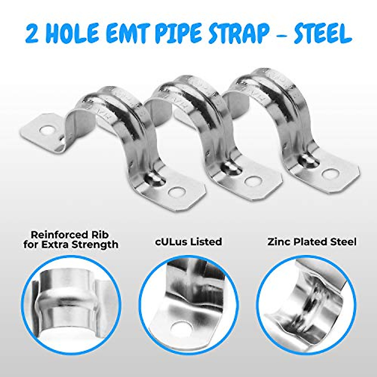 OhLectric Pipe Support Strap - Steel Pipe Strap with 2 /Holes - Heavy-Duty 1/2 inch U Bracket - Zinc Coated Tension Tube Clip - Pipe Clamp for EMT Conduits - OL-72846 - 100 PCS