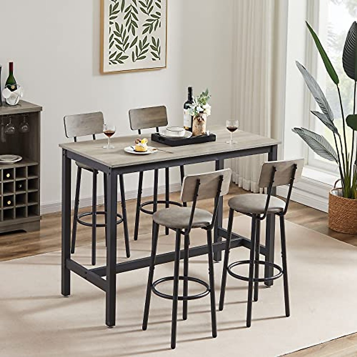 CKLMMC 5 Piece Industrial Bar Table Set,Pub Bistro Table and PU Upholstered Stools with Backrest, Counter Height Dining Table Set for Kitchen Small Space (Grey# Set of 5)