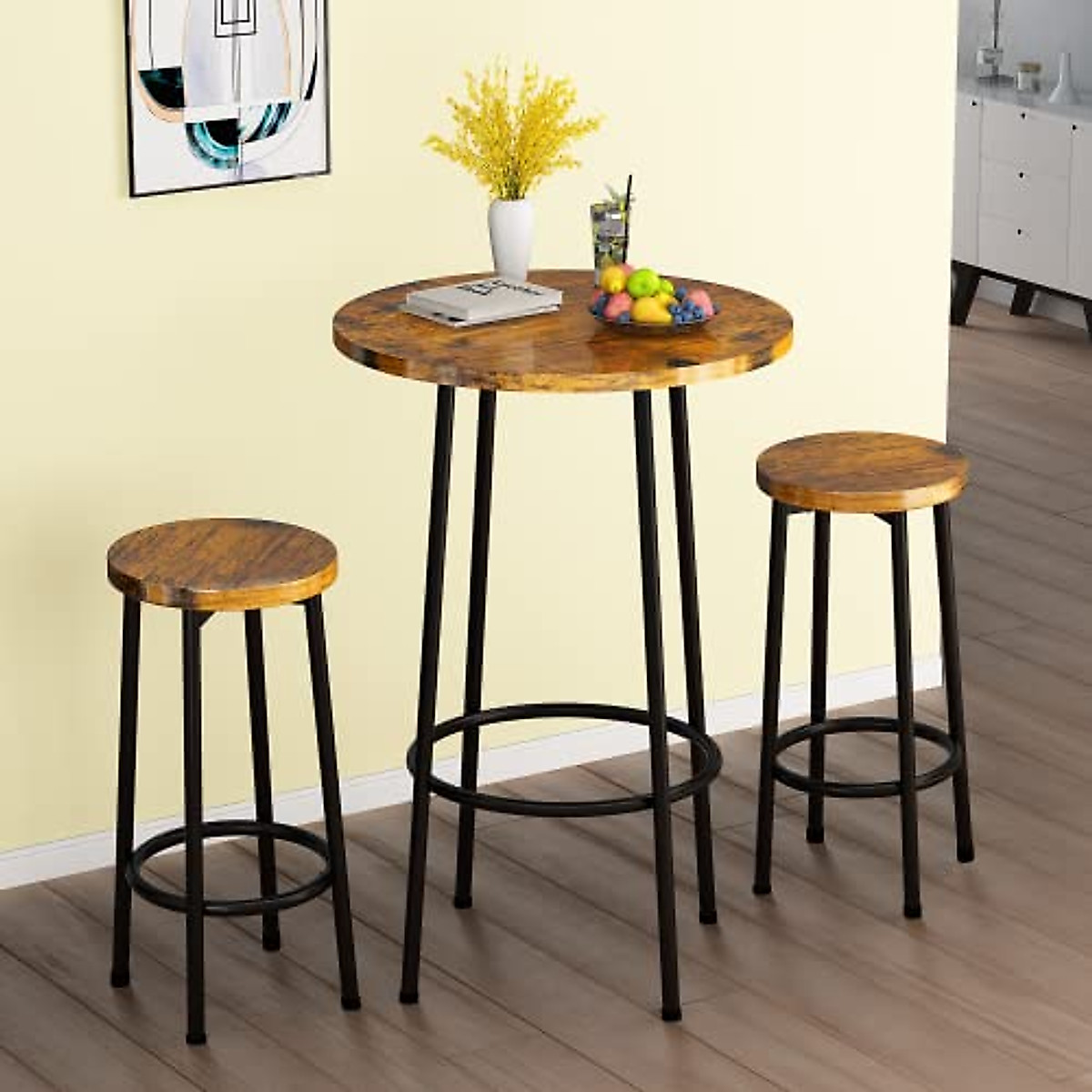 AWQM Bar Set, Kitchen Pub Table with 2 Stools, Rustic Brown