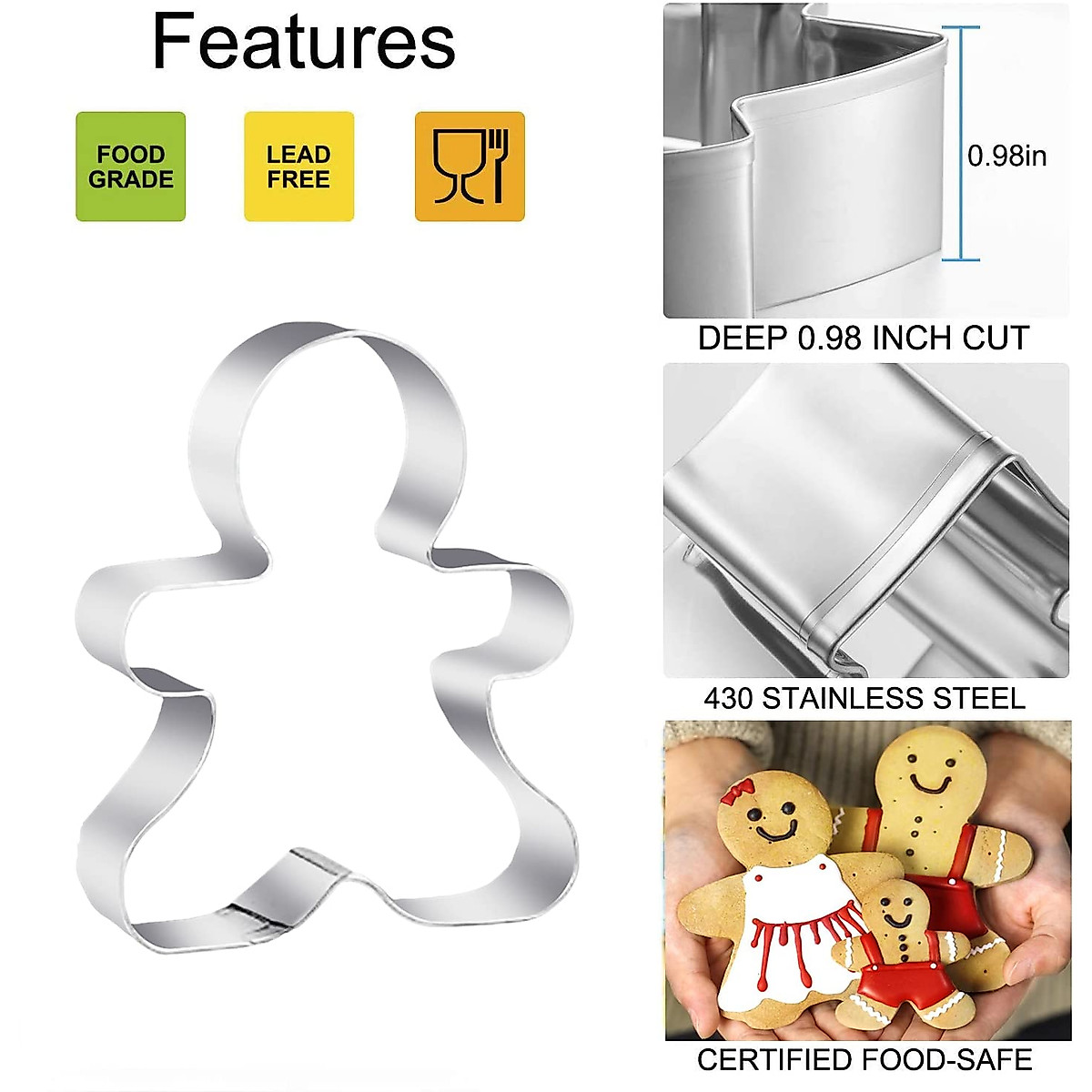 3PCS Gingerbread Man Cookie Cutters, 5.12" 4.34" 3.42" Large Christmas Cookie Cutters -Stainless Steel Holiday Cookie Cutters Shapes for Baking Gift