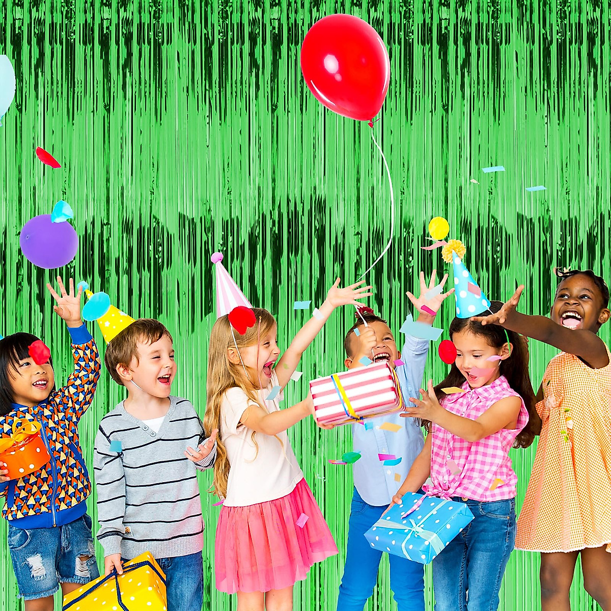 DecorWoo 3ft x 8ft Foil Fringe Backdrop Curtain, Metallic Tinsel Foil Fringe Curtains, Party Streamers Backdrop, Baby Shower Birthday Holiday Celebration,Party Decorations (Green)