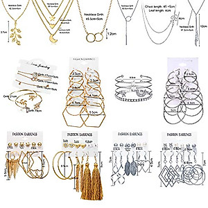 51 PCS Gold Silver Jewelry Set with 6 PCS Necklace,9 PCS Bracelet,36 PCS Layered Ball Dangle Hoop Stud Earrings for Women Jewelry Fashion and Valentine Birthday Party Gift