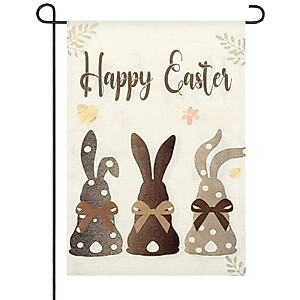 Happy Easter Bunnies Garden Flag 12 x 18 Inch Rabbit Garden Flag Double Sided Spring Garden Flag Burlap Small Polka Dots Brown Welcome Holiday Yard Flag for Easter Spring Holiday Outdoor Decor