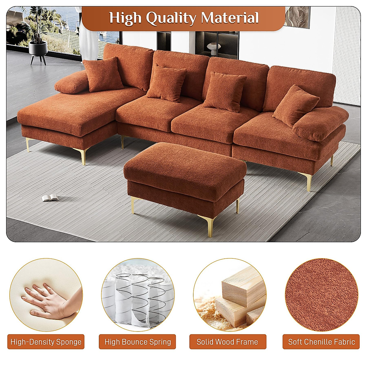 OUYESSIR 110" U Shaped Sectional Sofa Couch for Living Room, 4 Seater Sofa Convertible L-Shaped Chenille Couch Set with Chaise Lounge, Ottoman and Pillows, Orange