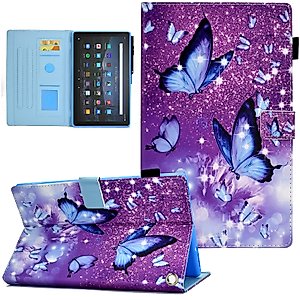 Case for Kindle Fire HD 10 Tablet & Fire HD 10 Plus (13th/11th Generation 2023 2021 Release) Cover Case, Funut Premium PU Leather Stand Folio Cover with Auto Wake/Sleep, Purple Butterfly