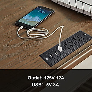 Desk Power Strip with USB Recessed Mounted Desktop Power Outlet 2 Outlets 3 USB Ports (15W/3A) Flat Power Plug, Charge Station for Table Cabinet Sofa Counter (3A/15W Black)