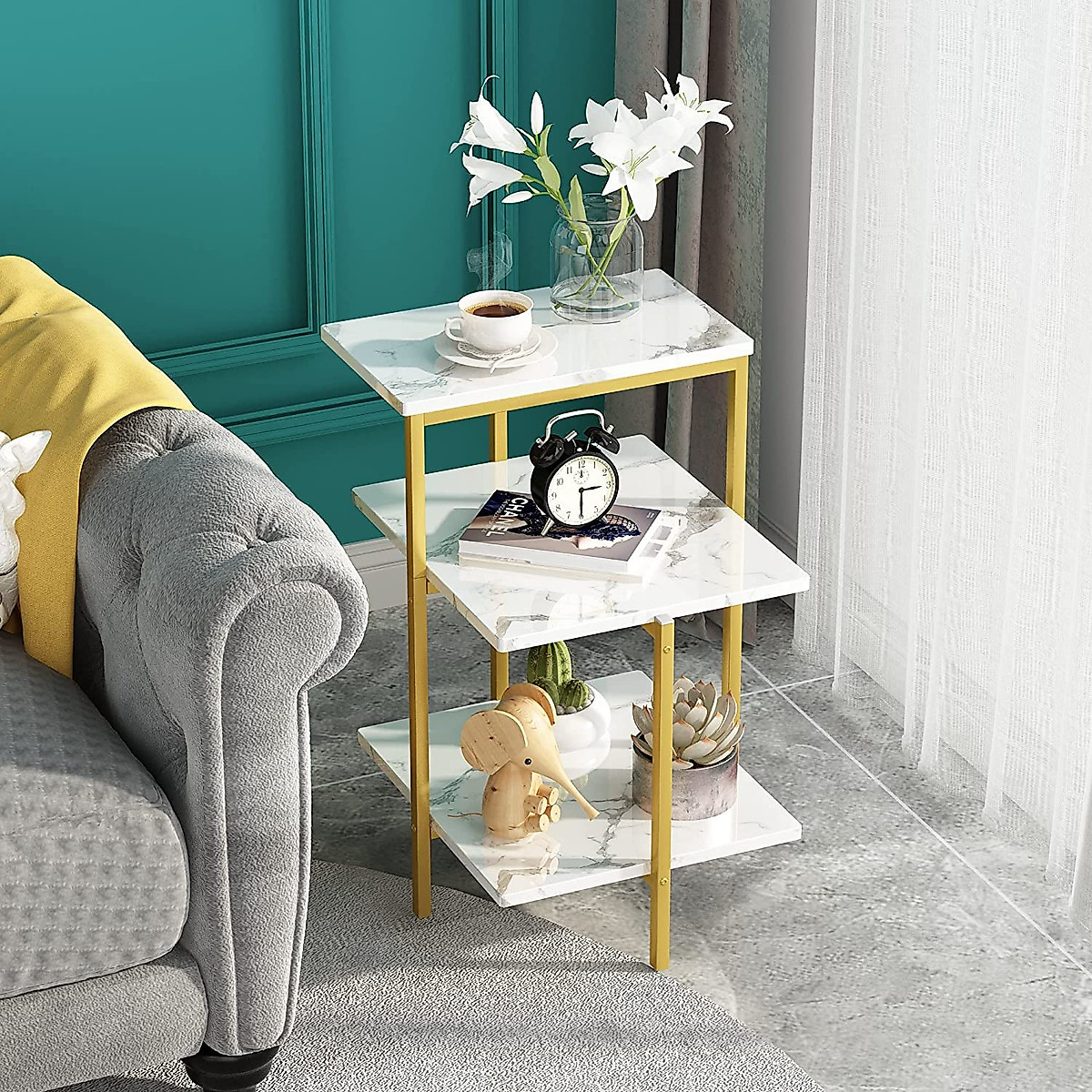 Lamerge Small End Table,3-Tier Gold Side Table,Rectangle Bedside Tables/Nightstand,Marble Coffee Table Corner Table w/Metal Frame,Small Table for Bedroom, Small Spaces,White+Gold