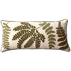 Creative Co-Op White Rectangle Cotton Pillow with Embroidered Green Ferns