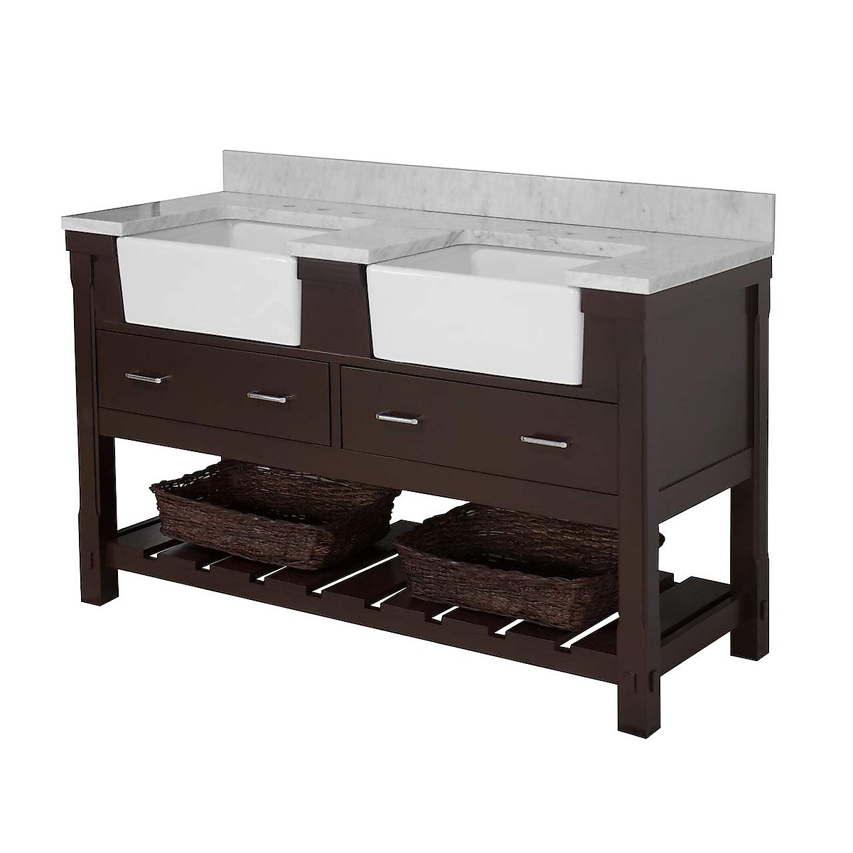Charlotte 60-inch Double Farmhouse Bathroom Vanity (Carrara/Chocolate): Includes Chocolate Cabinet with Authentic Italian Carrara Marble Countertop and White Ceramic Apron Sinks