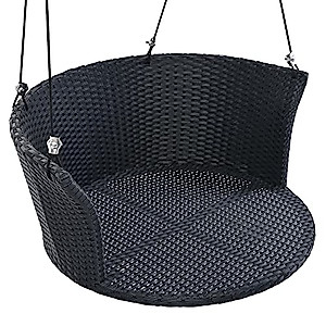 P PURLOVE Single Person Wicker Hanging Seat,Porch Swing Bench with Hanging Ropes,Cushion, Pillow, Rattan Swing Bench for Garden, Backyard, Pond