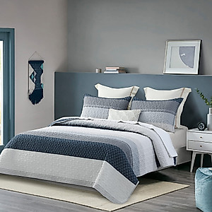 DURLENGEN Quilt Set California King Size 3Pcs, Blue & Navy Striped Patchwork Pattern All Season Lightweight Coverlet Sets(Cal King 112x104, Blue Patchwork)