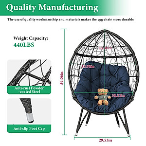 Temminkii Outdoor Patio Wicker Egg Chair Oversived Indoor Basket Rattan Chair with Stand,4''Cushion 410bls Capacity for Backyard Balcony Bedroom (Blue)