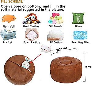 Thgonwid Unstuffed Handmade Moroccan Round Pouf Foot Stool Ottoman Seat Faux Leather Large Storage Bean Bag Floor Chair Foot Rest for Living Room, Bedroom or Wedding Gifts (Light Brown)