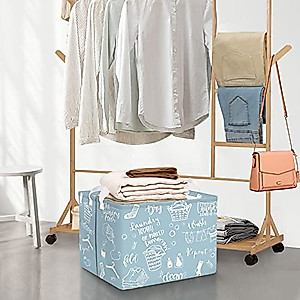 Clastyle Rectangular Blue Laundry Theme Storage Bins Waterproof Simple Fun Words Hanger Iron Laundry Basket Detergent Bubble Storage Basket for Toys Clothes Bedroom, 15.7x11.8x11.8 in