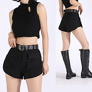 XZQTIVE Double Grommet PU Leather Belt for Women/Men Punk metal Jean Belt Wide 1.5 Inch, Black, Fit Pants 22-35 inch